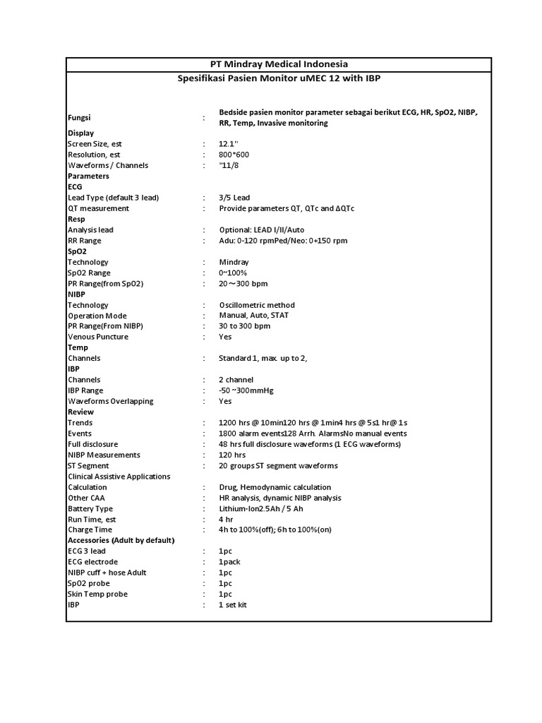 Spesfikasi PM Mindray - uMEC 12A Advance | PDF | Electrocardiography | Clinical Medicine