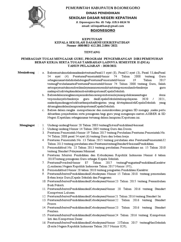 095 SK Pembagian Tugas Mengajar s1 2020-2021 | PDF