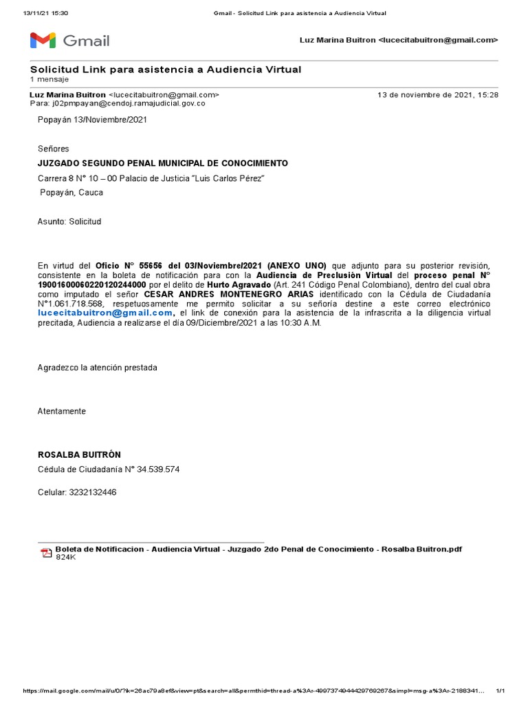 Gmail - Solicitud Link para Asistencia A Audiencia Virtual | PDF