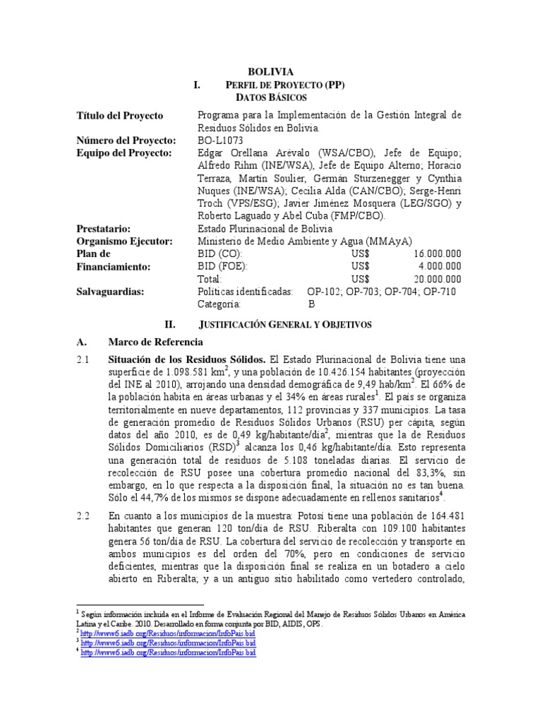 Programa para La Implementacion de La Gestion Integral de Residuos Solidos en Bolivia | PDF ...