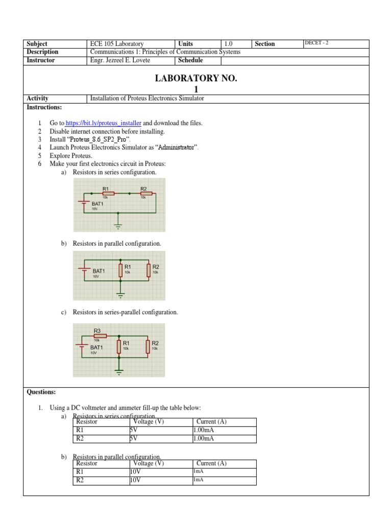 Lab 1 Installation of Proteus Electronics Simulator | PDF | Voltage | Series And Parallel Circuits