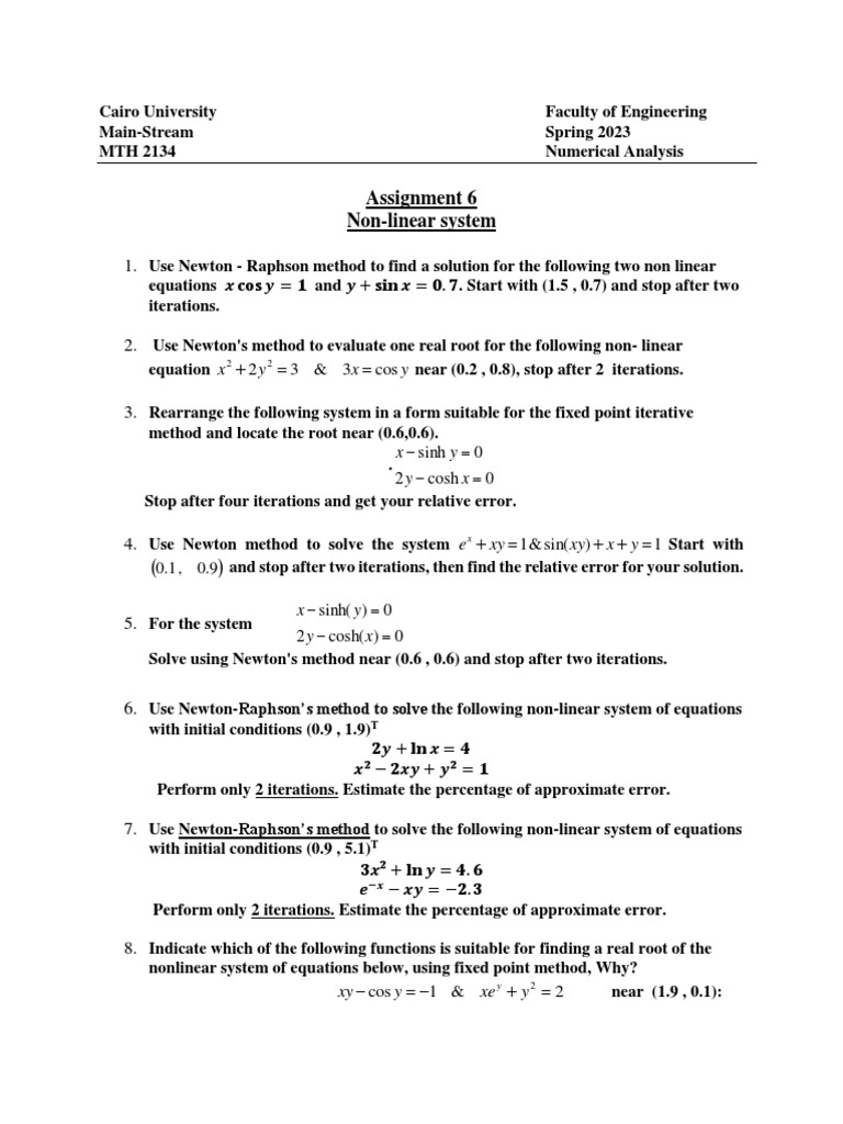 Cairo University Numerical Analysis Assignment 6 Non-linear system | PDF | Mathematical Analysis ...