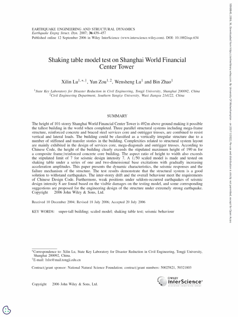 Shaking Table Model Test On Shanghai World Financial Center Tower | PDF