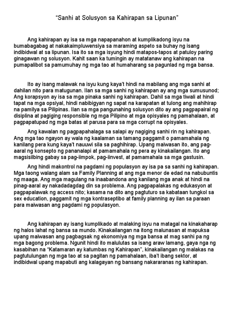 Sanhi at Solusyon Sa Kahirapan Sa Lipunan | PDF