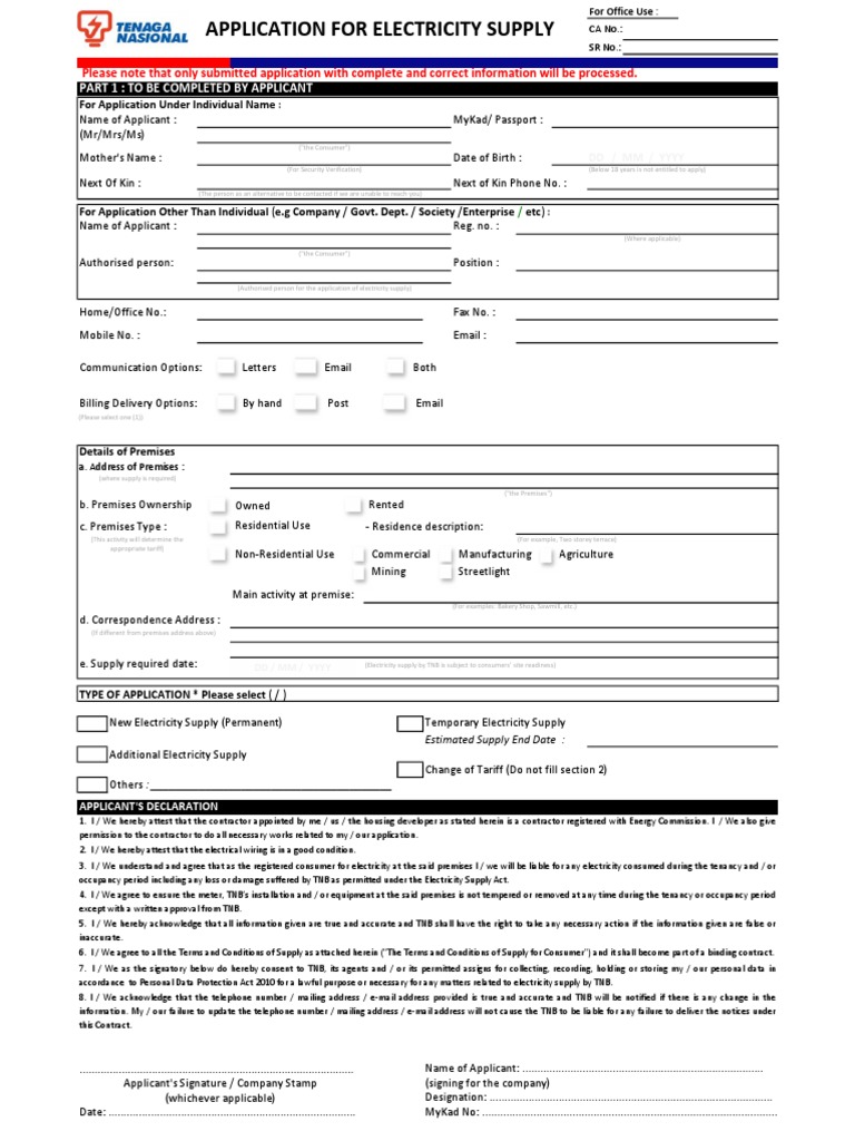 Electricity Supply Application Form 2021 | PDF | Bankruptcy | Leasehold ...