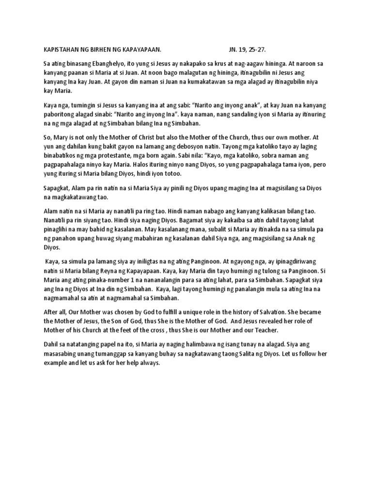 Kapistahan NG Birhen NG Kapayapaan | PDF
