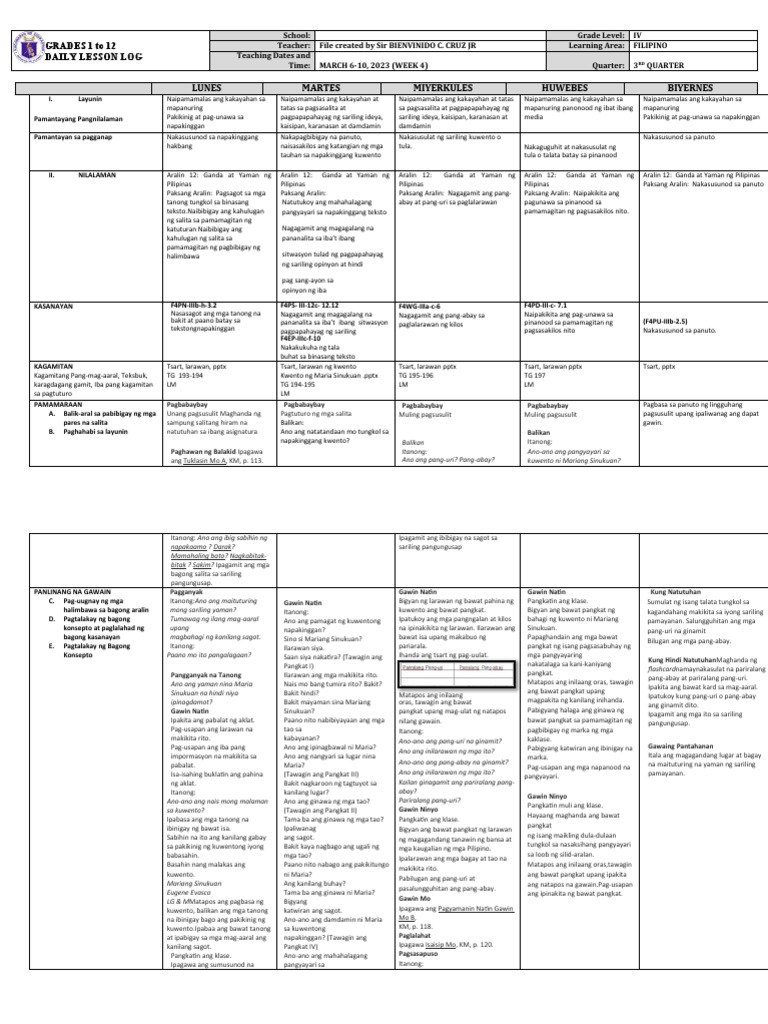 DLL - Filipino 4 - Q3 - W4 | PDF