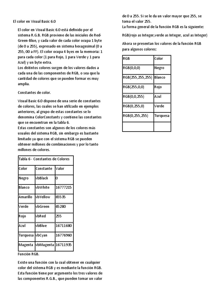 Colores RGB en Visual Basic 6.0 | PDF | Modelo de color Rgb | Color