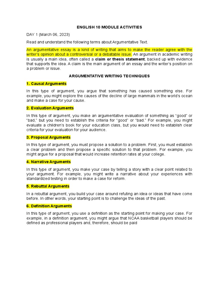 English 10 Activities | PDF | Essays | Argument