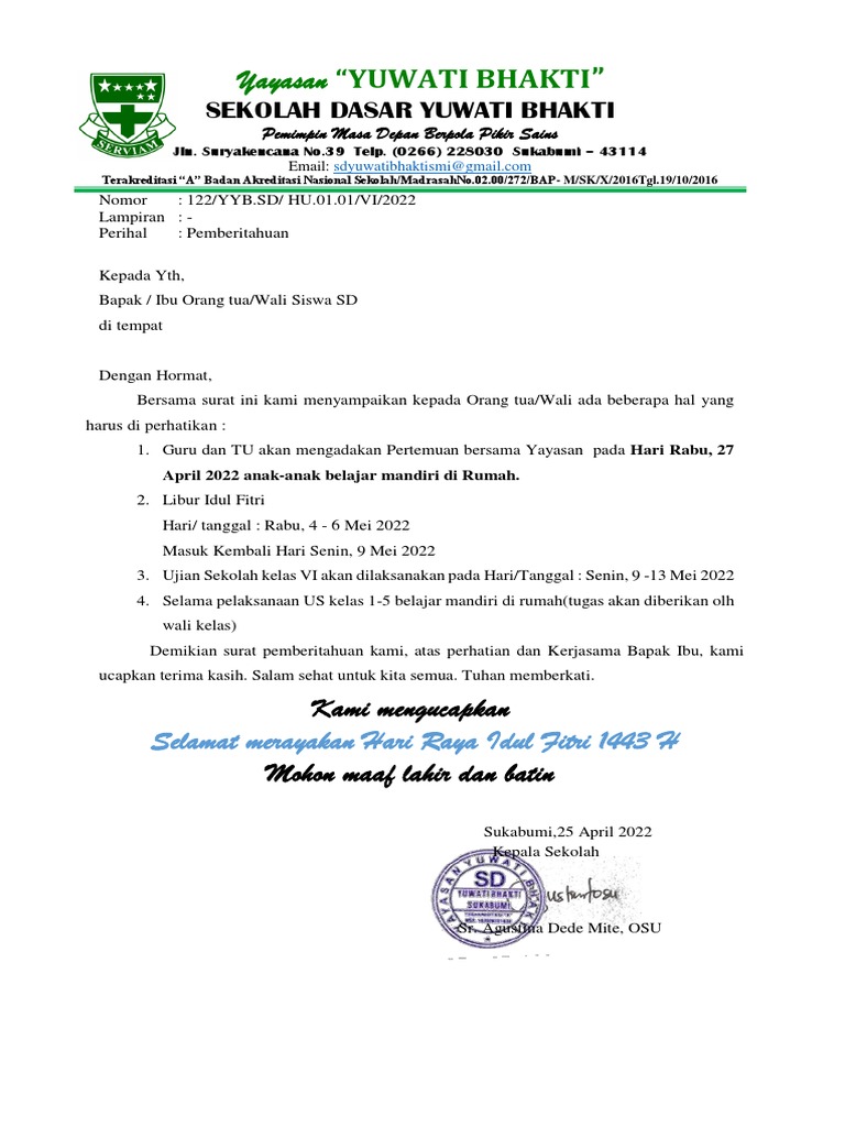 Surat Pemberitahuan Libur Lebaran Dan US | PDF