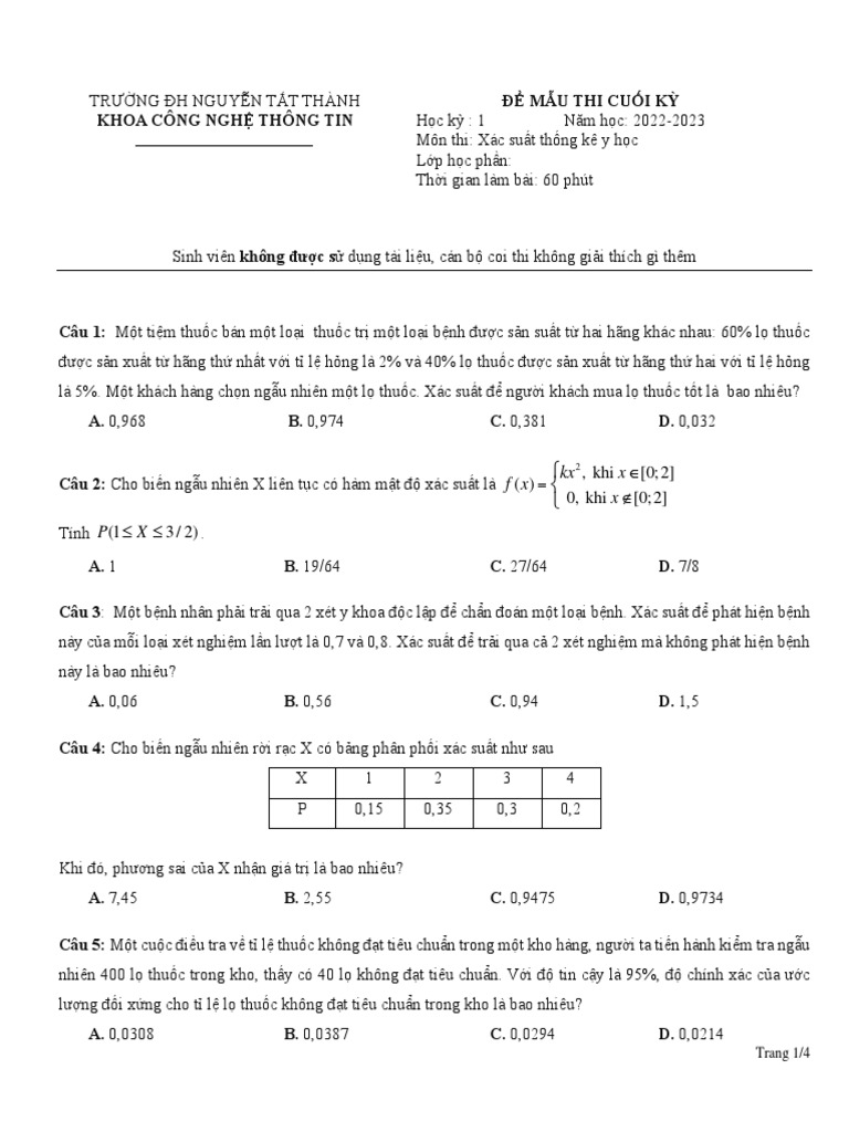 ĐỀ MẪU CUỐI KỲ XSTK Y Học - HK1 - 2022 | PDF