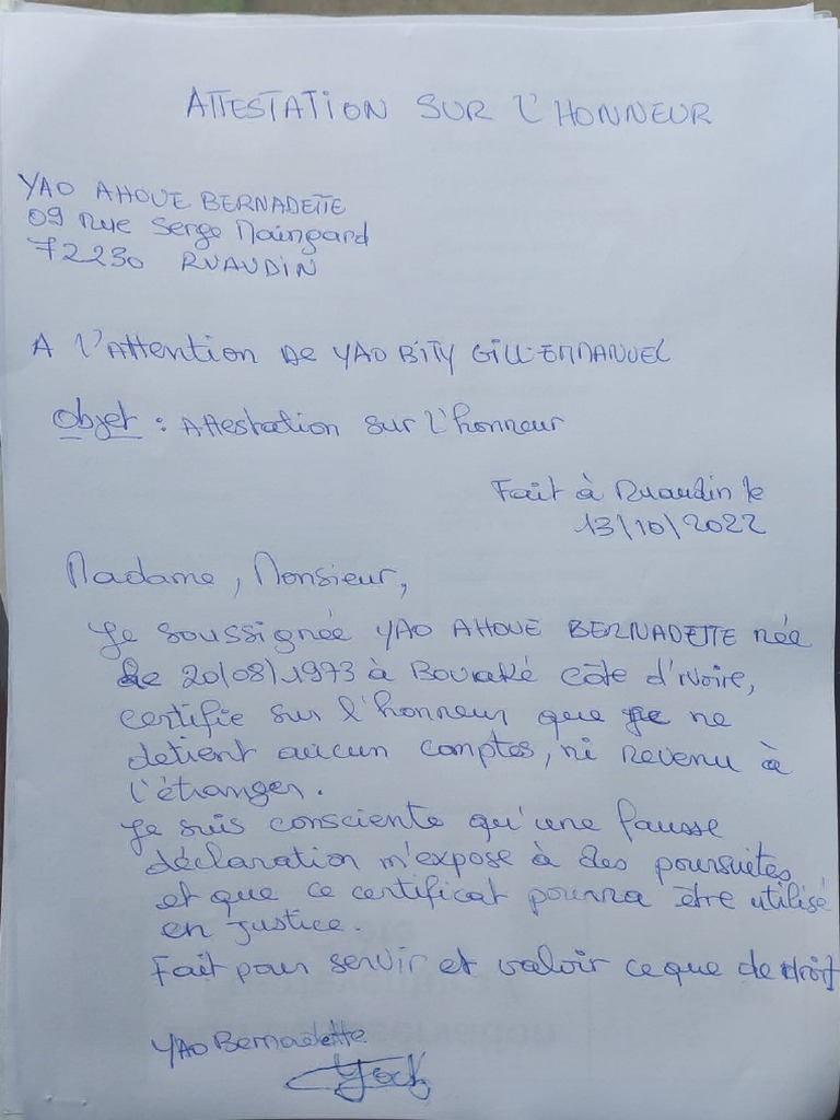 Attestation Sur L'honneur | PDF