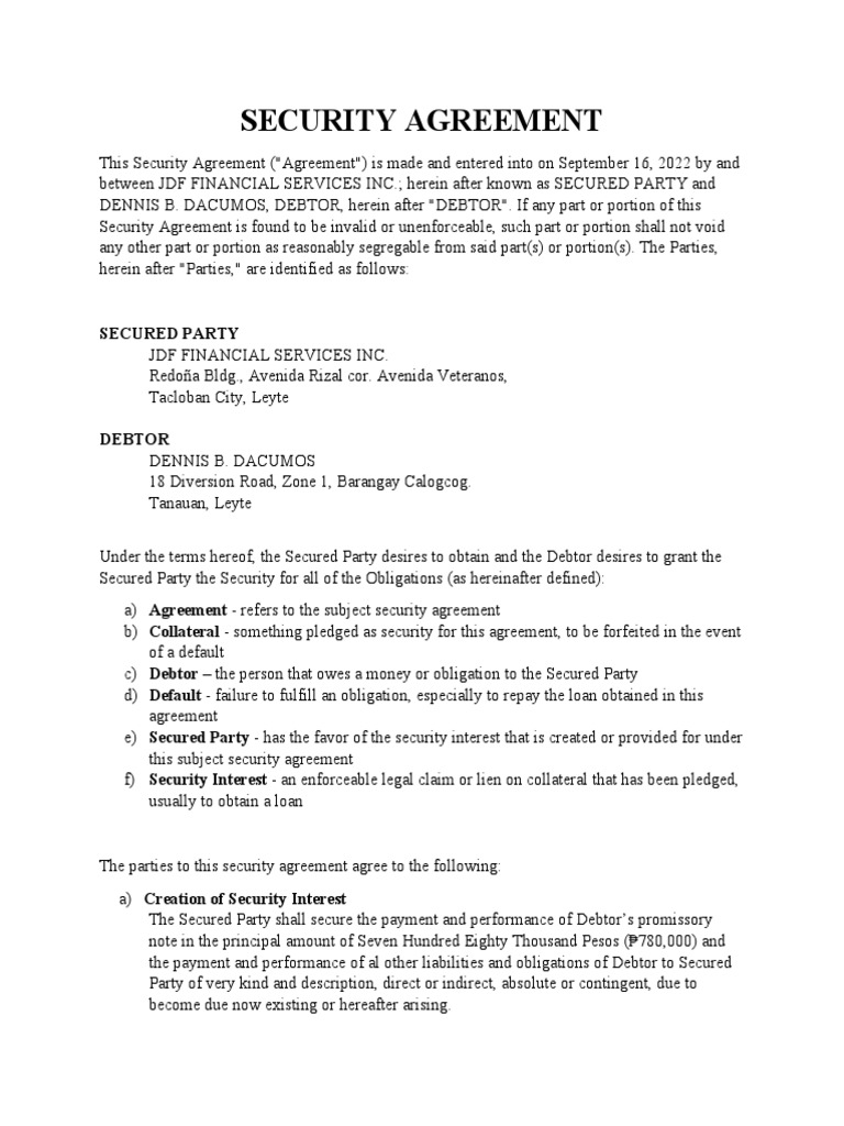 Security Agreement - Jelanz Del Fonso | PDF | Security Interest | Debtor