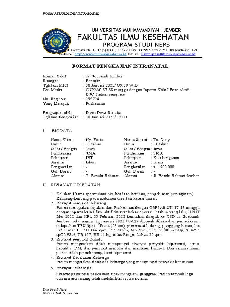 Pengkajian Intranatal Pasien G3P2A0 dengan Inpartu Kala I Fase Aktif | PDF