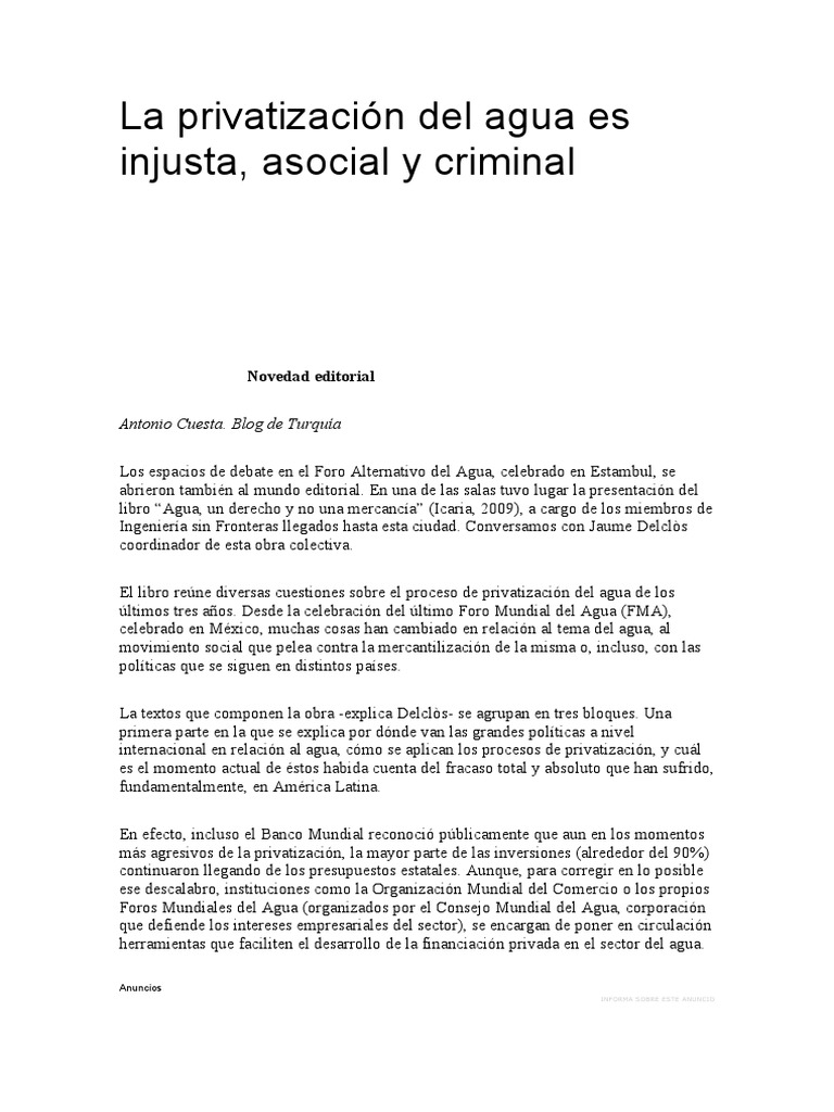 La Privatización Del Agua Es Injusta, Asocial y Criminal | PDF ...