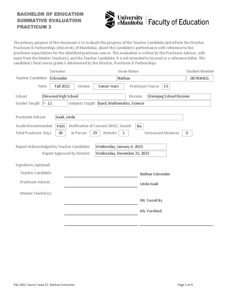 Nathan Schroeder's Practicum Evaluation | PDF | Mentorship | Teachers