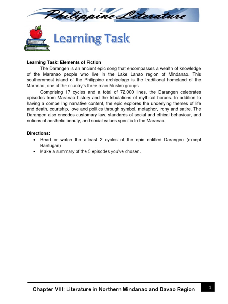 Chapter Viii - Learning Task - Literature in Northern Mindanao and Davao Region | PDF