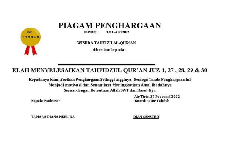 Piagam Penghargaan Acara TK | PDF