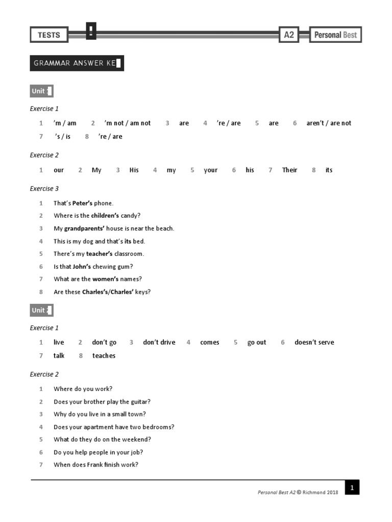 Key to Grammar Exercises: Personal Best A2 | PDF