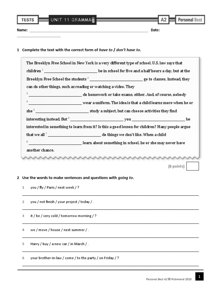 Personal Best A2 Unit 11 Grammar Test | PDF | Linguistics | Cognition