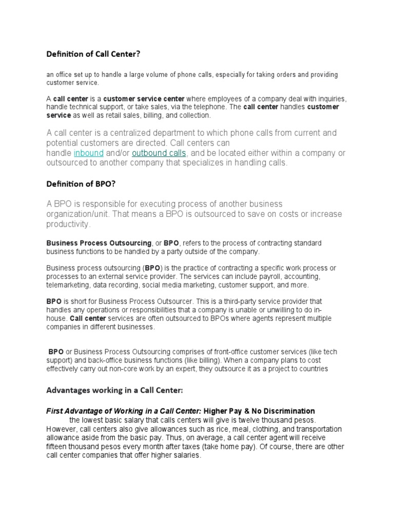 Definition of Call Center | PDF | Call Centre | Outsourcing