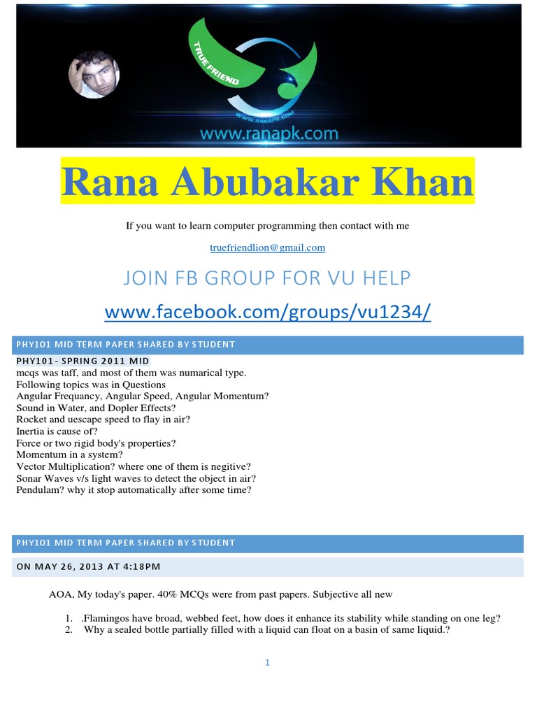 PHY101 Midterm Exam Papers and Tips | PDF | Force | Acceleration