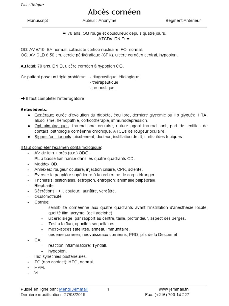 Abcès cornéen : cas clinique et traitement | PDF | Maladies et troubles ...