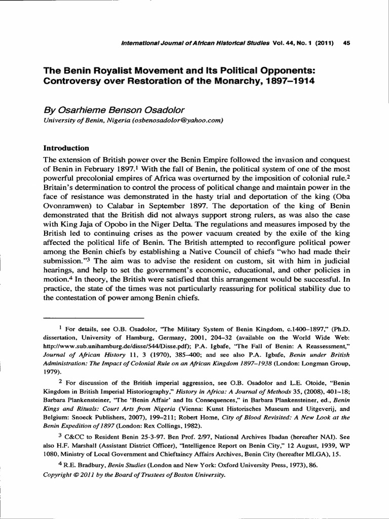 The Benin Royalist Movement and Its Poli | PDF | Nigeria | British Empire