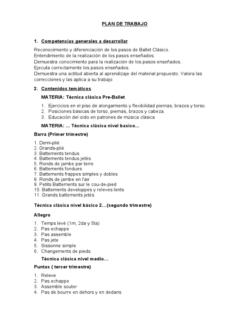 Plan De Trabajo Pdf Evaluación Ballet