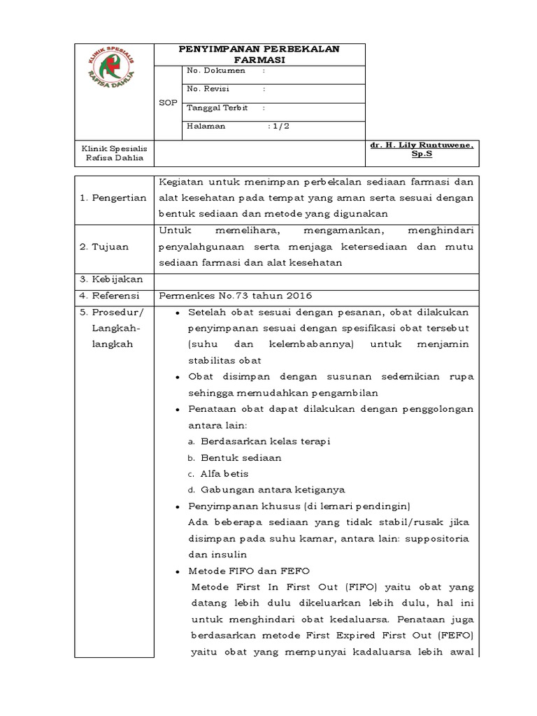 Sop Penyimpanan Perbekalan Farmasi Pdf