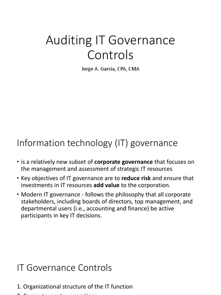 Auditing IT Governance Controls: Jorge A. Garcia, CPA, CMA | PDF | Databases | Audit