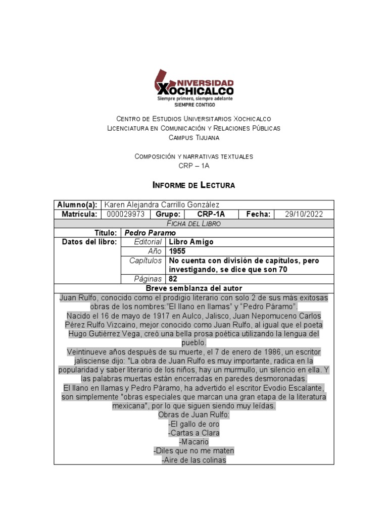 Modelo de Informe de Lectura Pedro Paramo | PDF