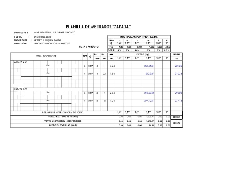 Metrado Estructuras - Acero Zapatas | PDF