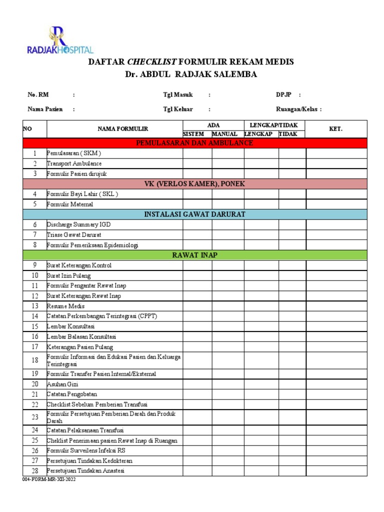 Daftar Checklist Rekam Medis | PDF