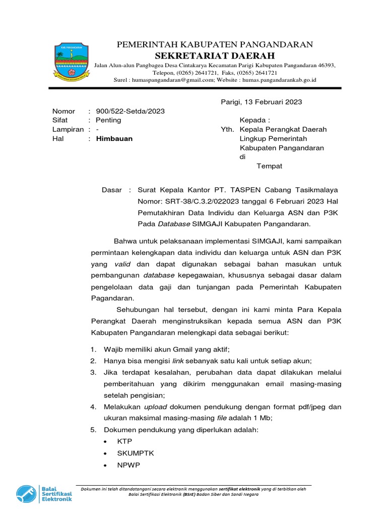 Surat Himbauan Pemutakhiran Data ASN1 | PDF