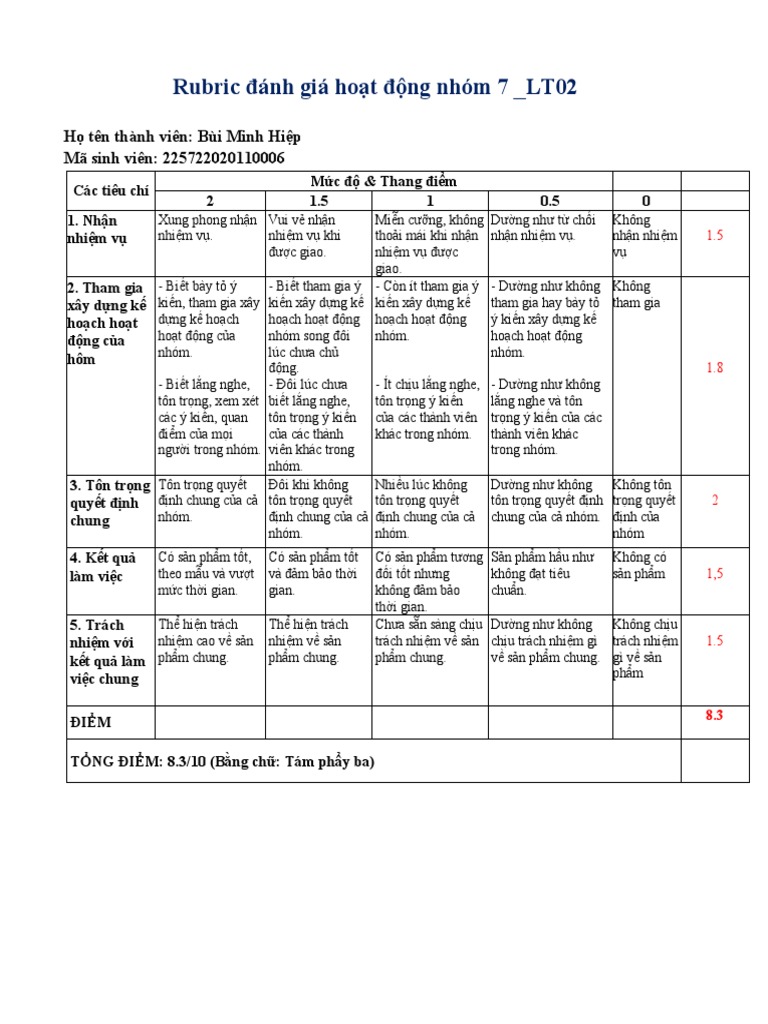 Rubric Đánh Giá Ho T Đ NG Nhóm 7 - Lt02 | PDF
