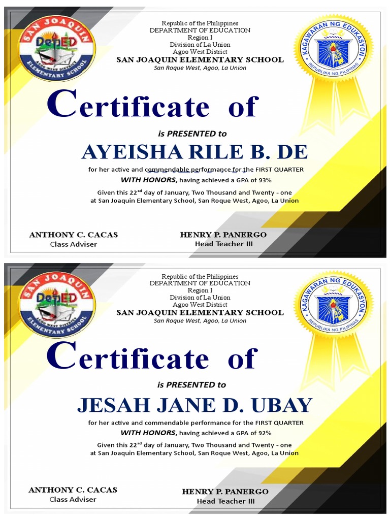 Certificate (First Quarter 2020 - 2021) | PDF