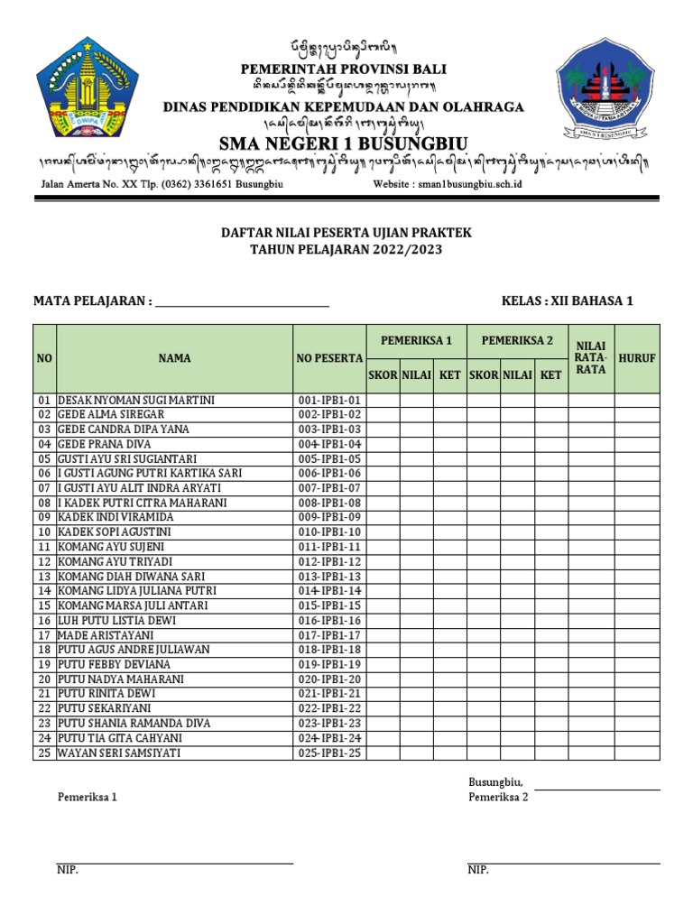 Blanko Nilai Ujian Praktik 2022-2023 | PDF