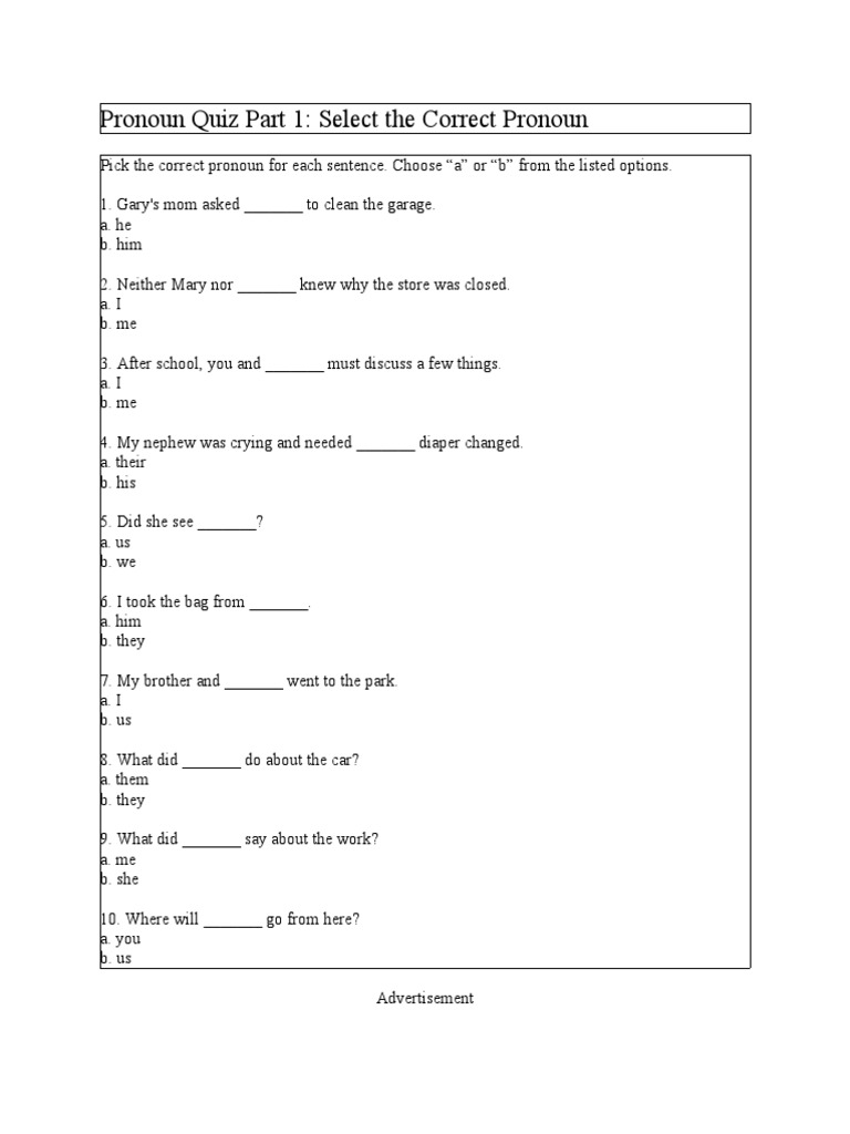Pronoun Quiz Part 1 | PDF | Pronoun