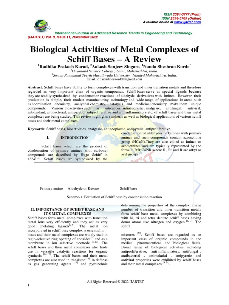 Biological Activities of Metal Complexes of Schiff Bases - A Review | Download Free PDF ...