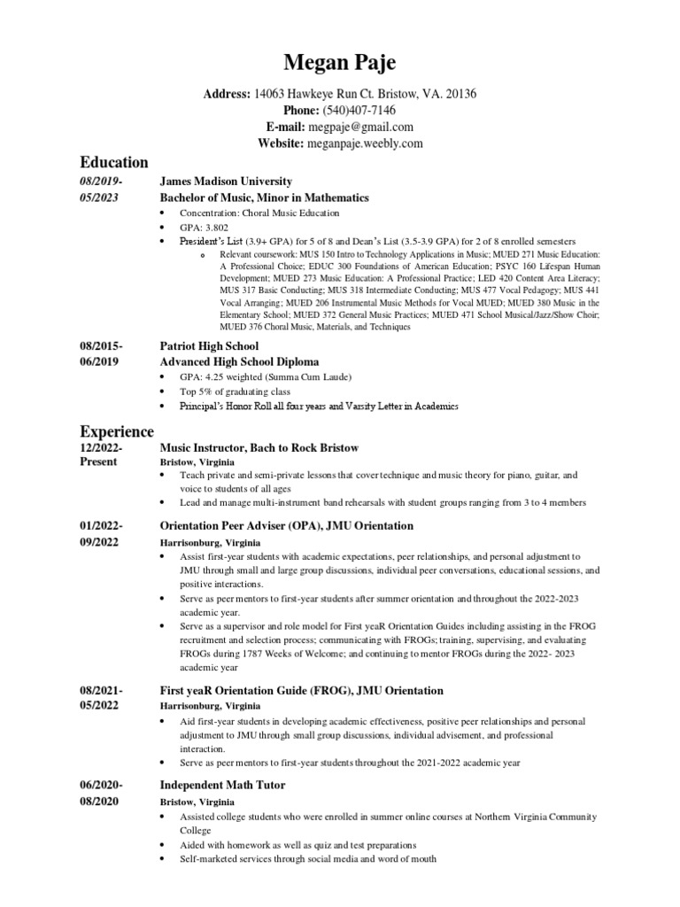 Megan Paje Resume 2023 | PDF | Music Education | Choir