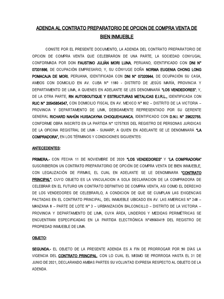 Adenda Al Contrato Preparatorio de Opcion de Compra Venta de Bien Inmueble | PDF