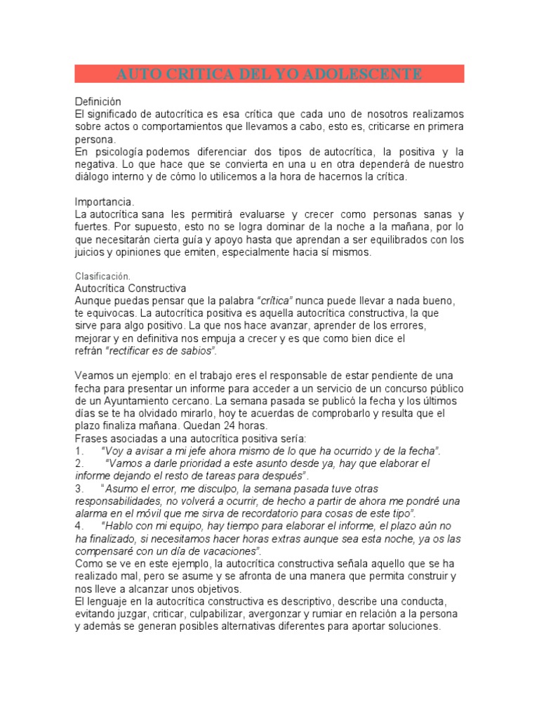 Auto Critica Del Yo Adolescente | PDF | Autoestima