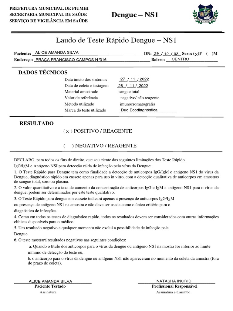Resultado positivo para teste rápido de antígeno NS1 para detecção de ...