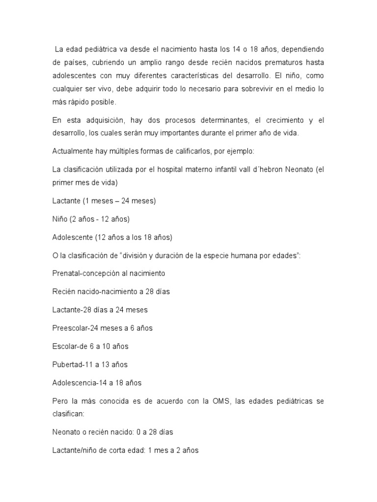 La Edad Pediátrica Va Desde El Nacimiento Hasta Los 14 o 18 Años | PDF ...