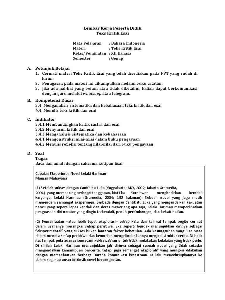 LKPD Teks Kritik Esai - BAHASA INDONESIA 12 | PDF