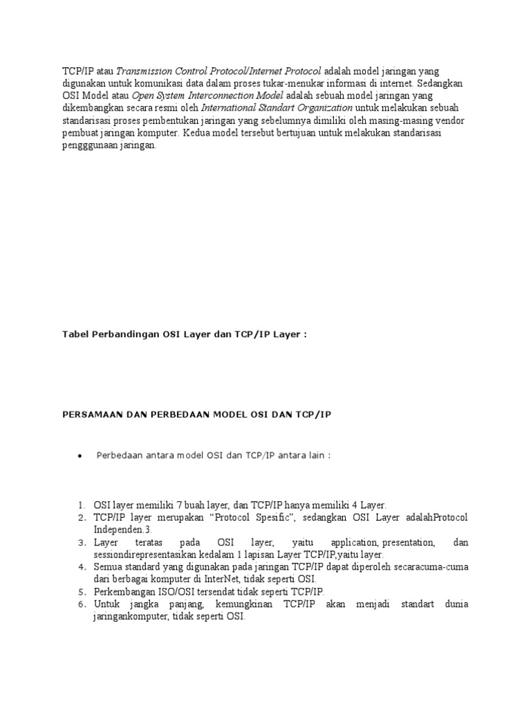 PERBEDAAN ANTARA MODEL OSI DAN TCP/IP | PDF