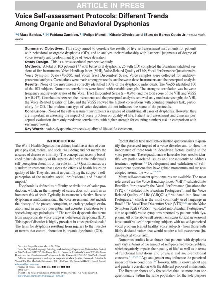 2016, Behlau Et Al Voice Self-Assessment Protocols Different Trends OD ...