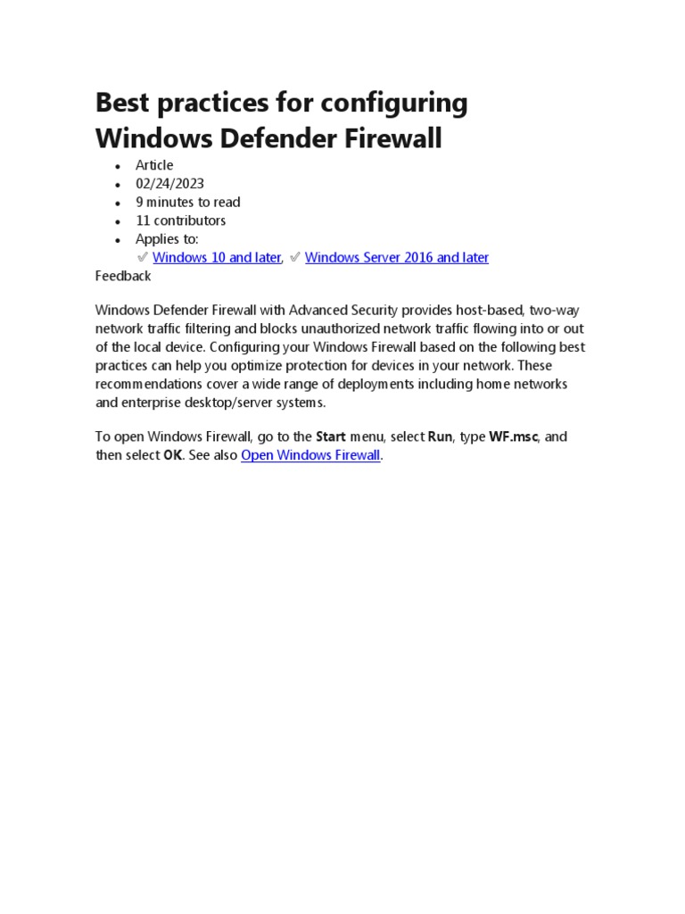 Best Practices For Configuring Windows Defender Firewall | PDF