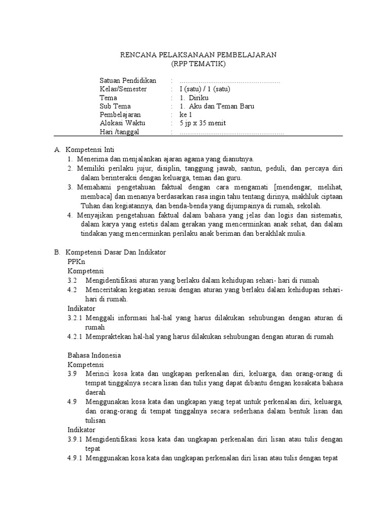RPP Kelas 1 Tema 1 Sub Tema 1 | PDF